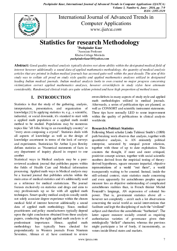 (PDF) Statistics for research Methodology | Editor IJATCA - Academia.edu