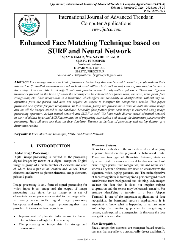Pdf Enhanced Face Matching Technique Based On Surf And Neural Network
