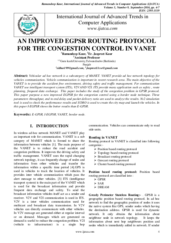 (PDF) AN IMPROVED EGPSR ROUTING PROTOCOL FOR THE CONGESTION CONTROL IN VANET
