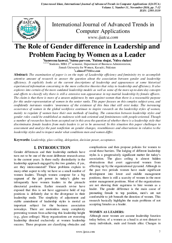 (PDF) The Role of Gender difference in Leadership and Problem Facing by ...