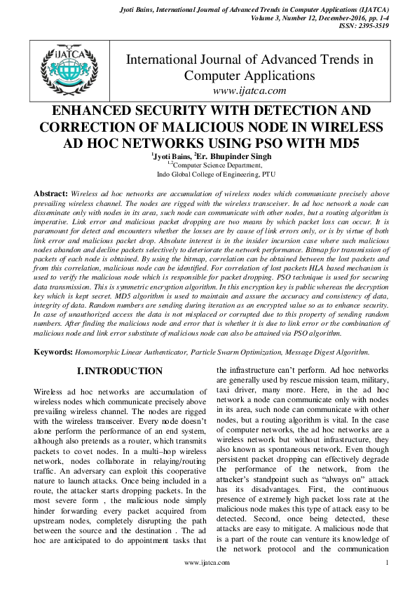 (PDF) ENHANCED SECURITY WITH DETECTION AND CORRECTION OF MALICIOUS NODE IN WIRELESS AD HOC ...