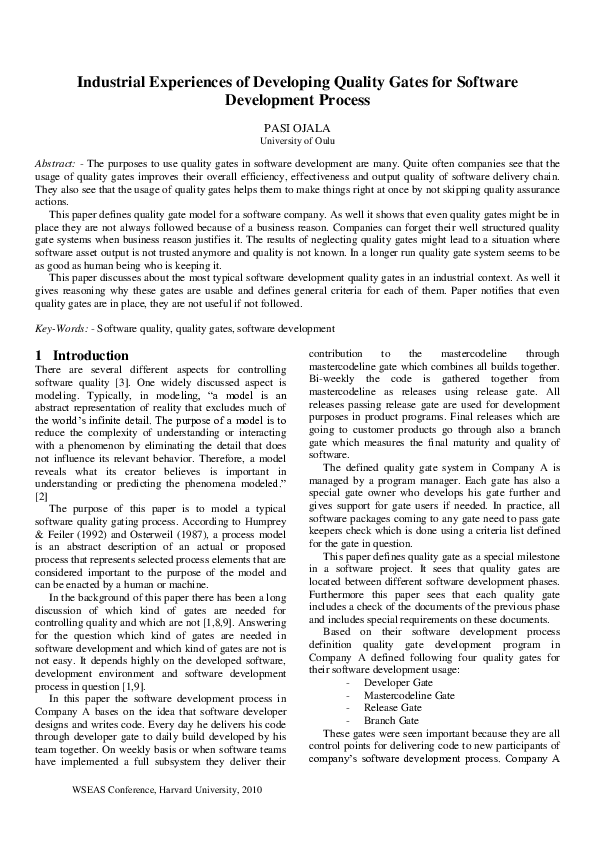 (PDF) Industrial Experiences of Developing Quality Gates for Software ...