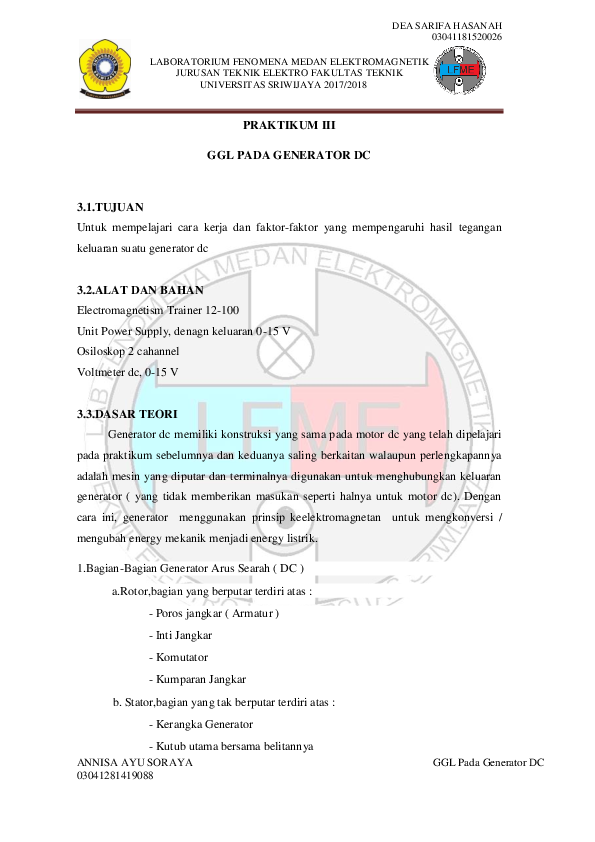 (DOC) PRAKTIKUM III GGL PADA GENERATOR DC