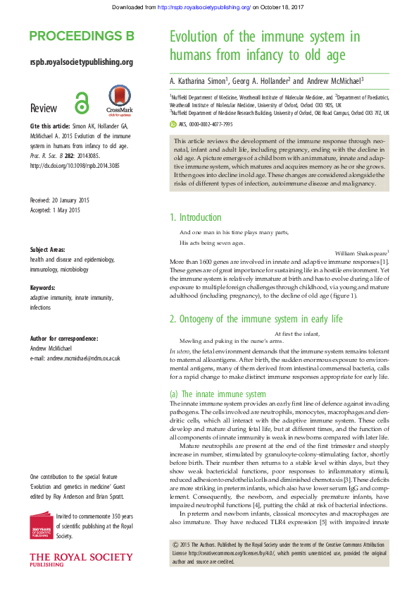 (PDF) Evolution of the immune system in humans from infancy to old age