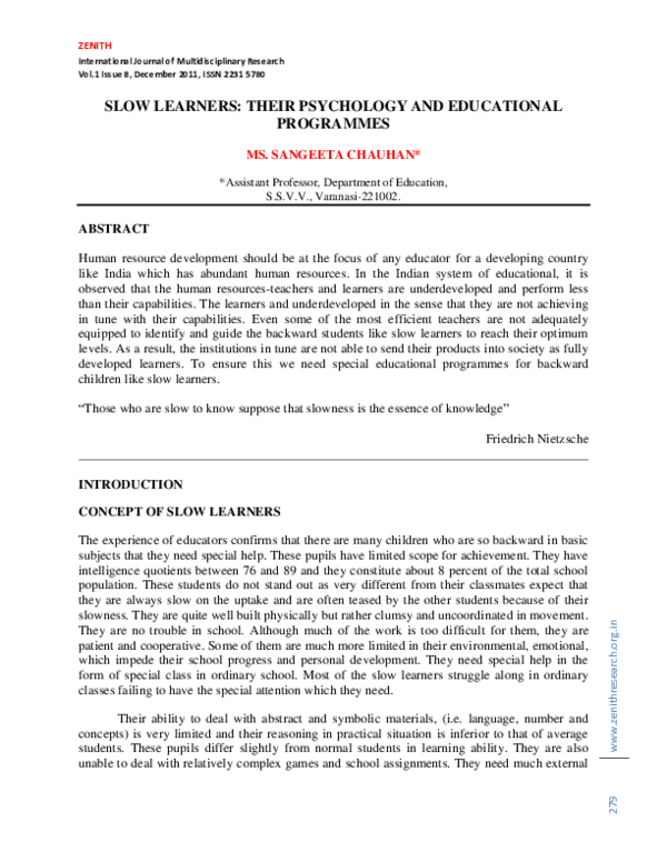 (PDF) SLOW LEARNERS: THEIR PSYCHOLOGY AND EDUCATIONAL PROGRAMMES