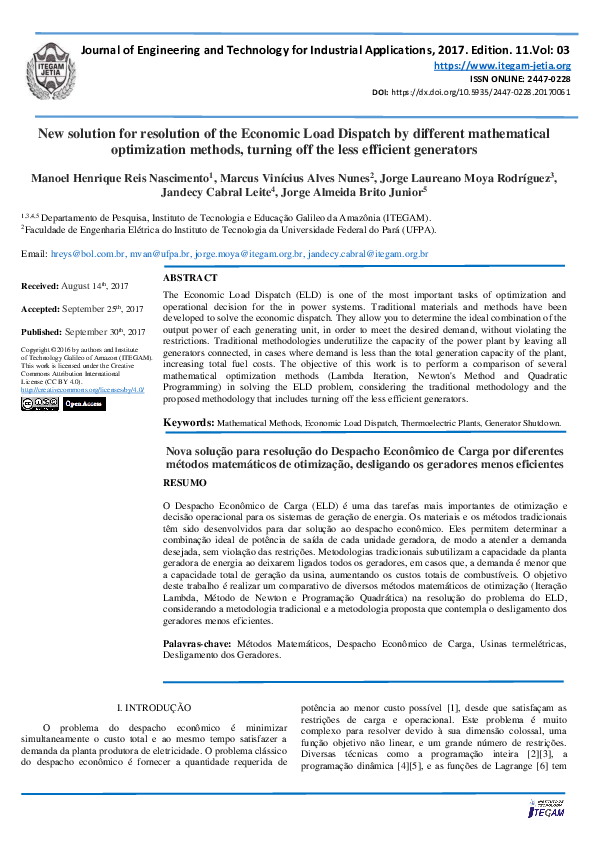 New Solution For Resolution Of The Economic Load Dispatch By Different Mathematical Optimization