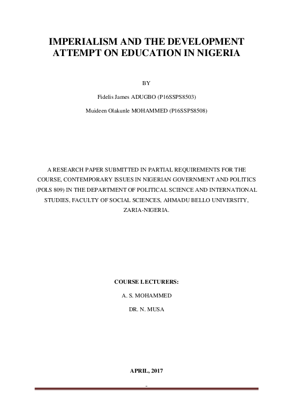 (PDF) IMPERIALISM AND THE DEVELOPMENT ATTEMPT ON EDUCATION IN NIGERIA
