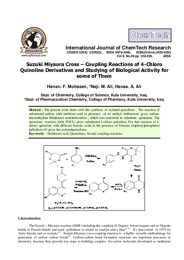 (PDF) Suzuki Miyaura Cross – Coupling Reactions of 4-Chloro Quinoline Derivatives and Studying ...