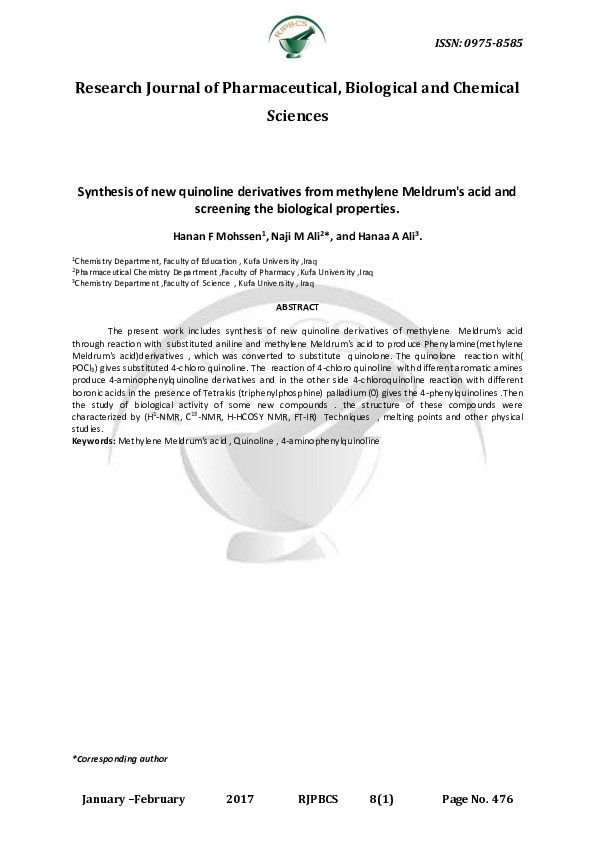 (PDF) Synthesis of new quinoline derivatives from methylene Meldrum's acid and screening the ...