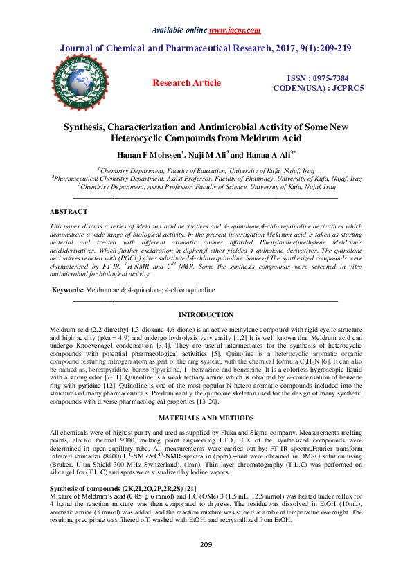 (PDF) Synthesis, Characterization and Antimicrobial Activity of Some New Heterocyclic Compounds ...
