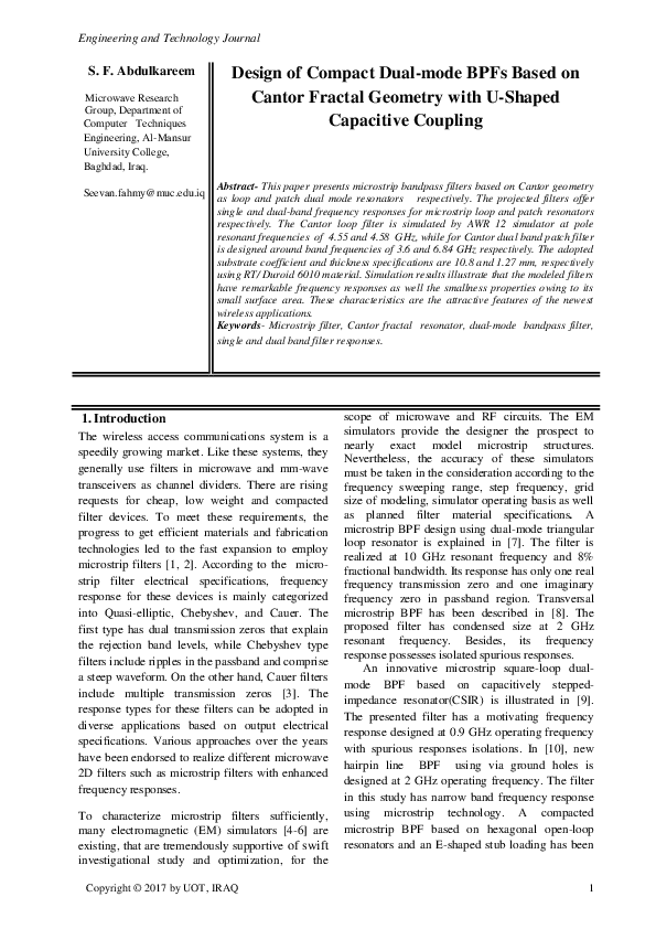 Pdf Design Of Compact Dual Mode Bpfs Based On Cantor Fractal Geometry With U Shaped Capacitive