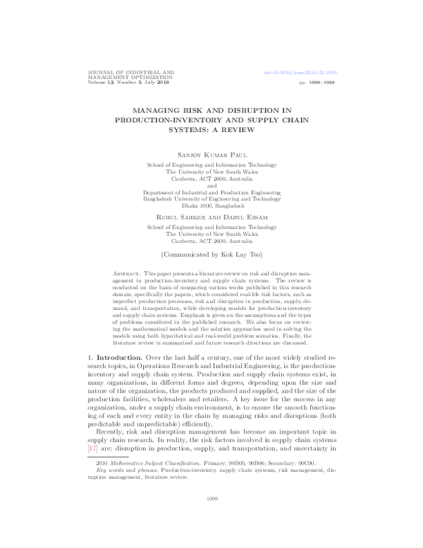 (PDF) MANAGING RISK AND DISRUPTION IN PRODUCTION-INVENTORY AND SUPPLY ...
