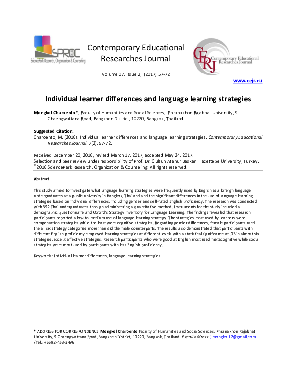 (PDF) Individual learner differences and language learning strategies