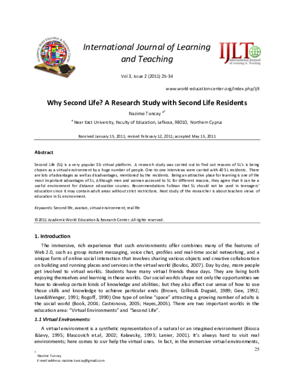 (PDF) Why Second Life? A Research Study with Second Life Residents