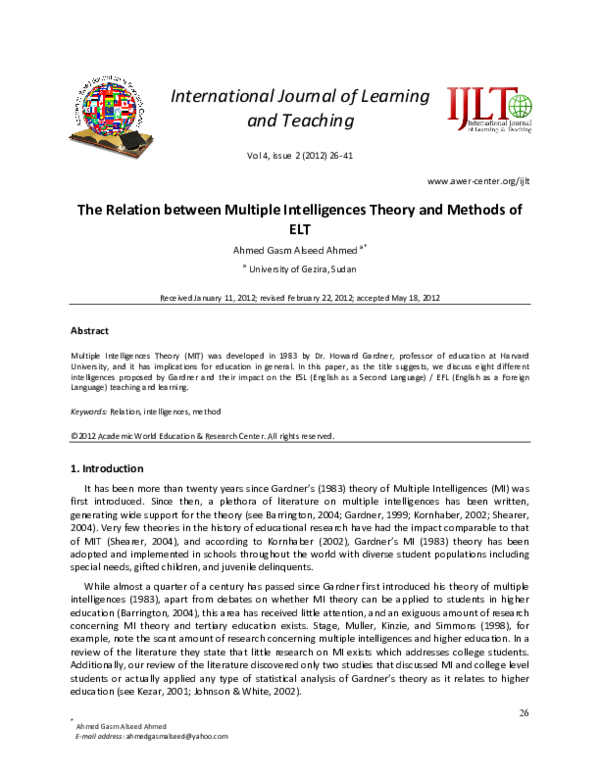 (PDF) The Relation between Multiple Intelligences Theory and Methods of ELT