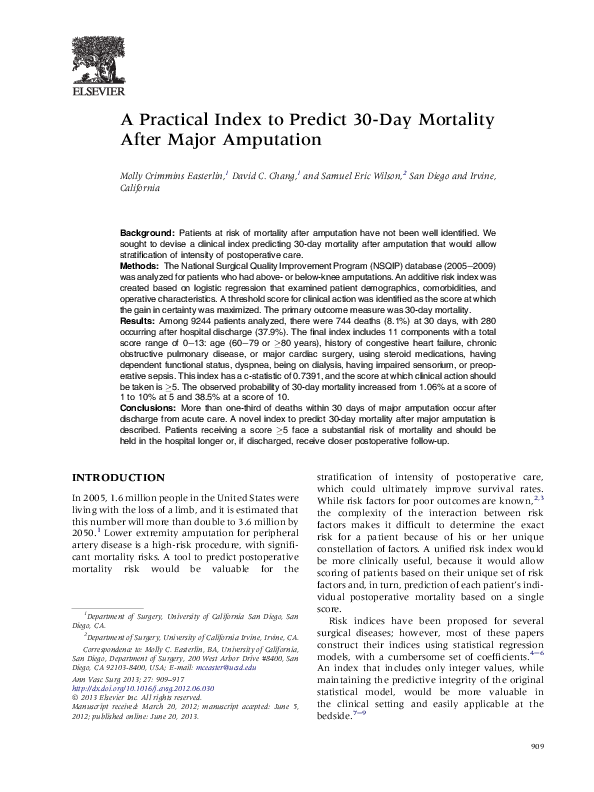 (PDF) A Practical Index to Predict 30-Day Mortality After Major Amputation