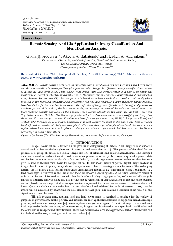 Pdf Remote Sensing And Gis Application In Image Classification And Identification Analysis