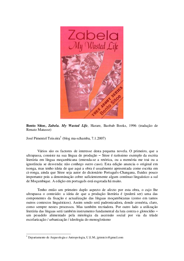 (PDF) Bento Sitoe, "Zabela. My Wasted Life"
