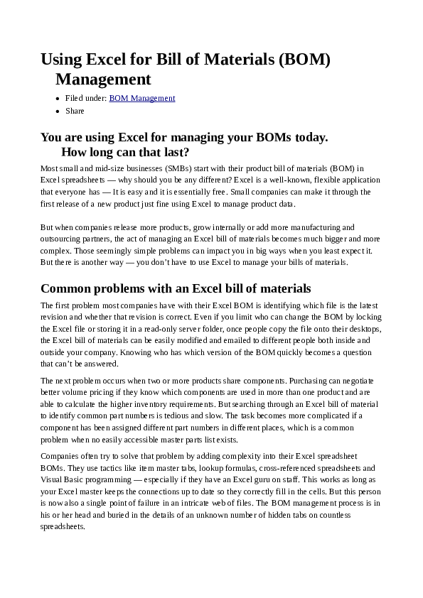 (DOC) Using Excel for Bill of Materials (BOM) Management You are using ...