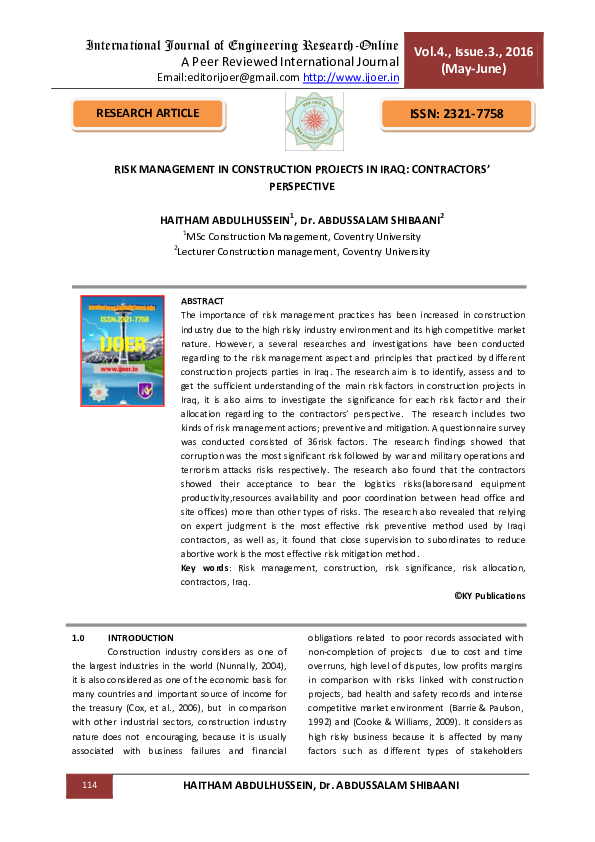 Pdf Risk Management In Construction Projects In Iraq Contractors Perspective