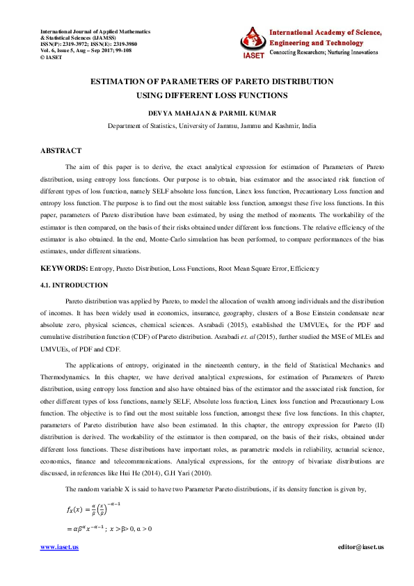 Pdf Estimation Of Parameters Of Pareto Distribution Using Different Loss Functions