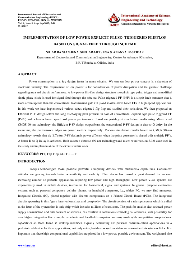 (PDF) IMPLEMENTATION OF LOW POWER EXPLICIT PLUSE-TRIGGERED FLIPFLOP BASED ON SIGNAL FEED THROUGH ...