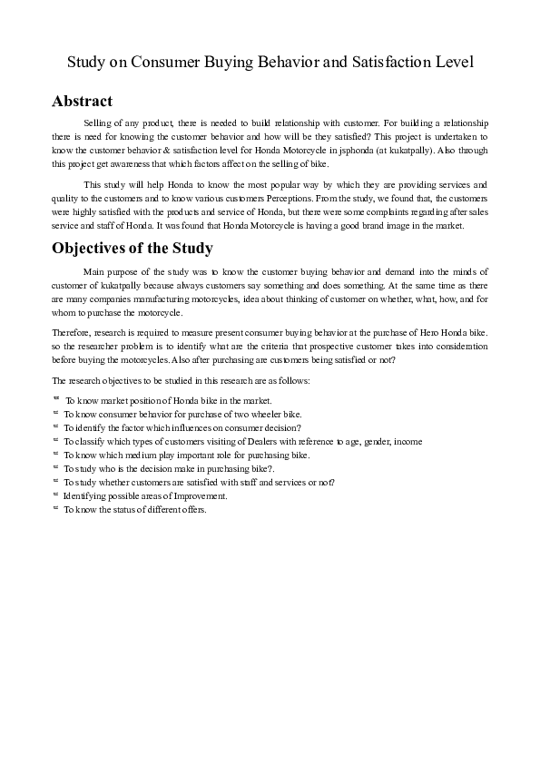 Study on Consumer Buying Behavior and Satisfaction Level