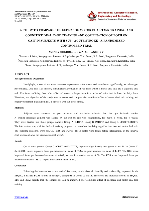 (PDF) A STUDY TO COMPARE THE EFFECT OF MOTOR DUAL TASK TRAINING AND ...
