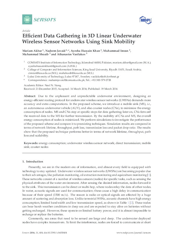 (PDF) Efficient Data Gathering in 3D Linear Underwater Wireless Sensor Networks Using Sink Mobility