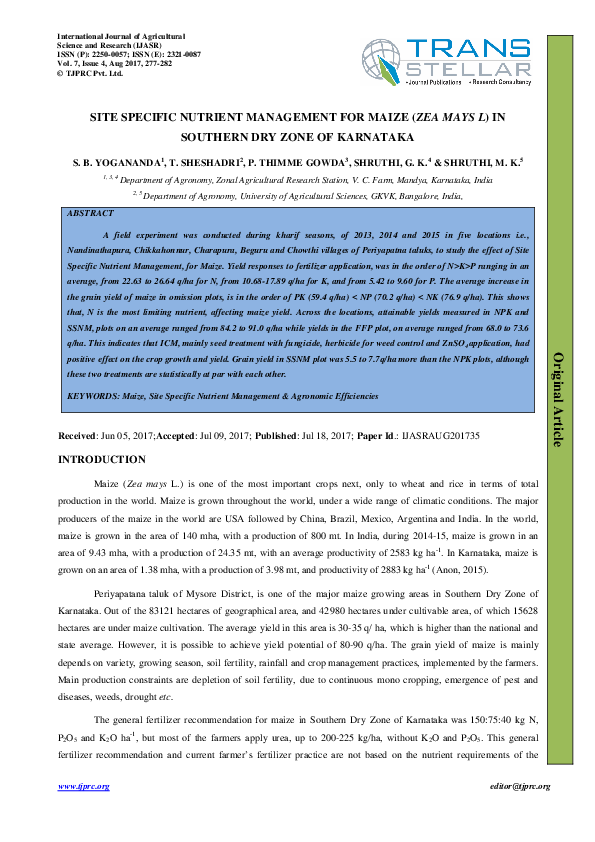 (PDF) SITE SPECIFIC NUTRIENT MANAGEMENT FOR MAIZE (ZEA MAYS L) IN ...