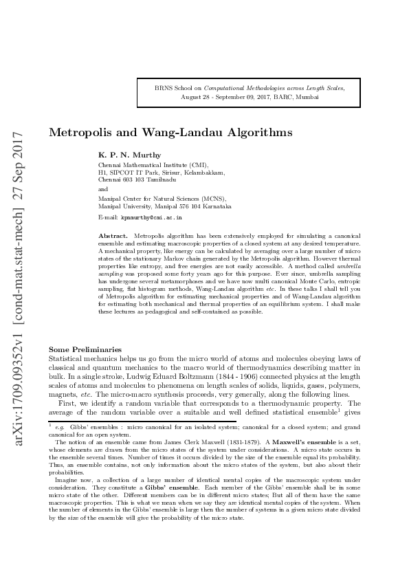 (PDF) Metropolis and Wang-Landau Algorithms
