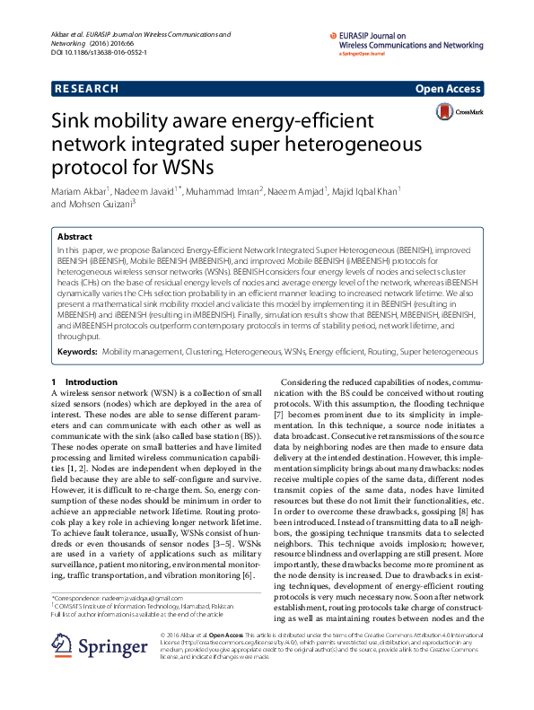 (PDF) Sink mobility aware energy-efficient network integrated super heterogeneous protocol for WSNs