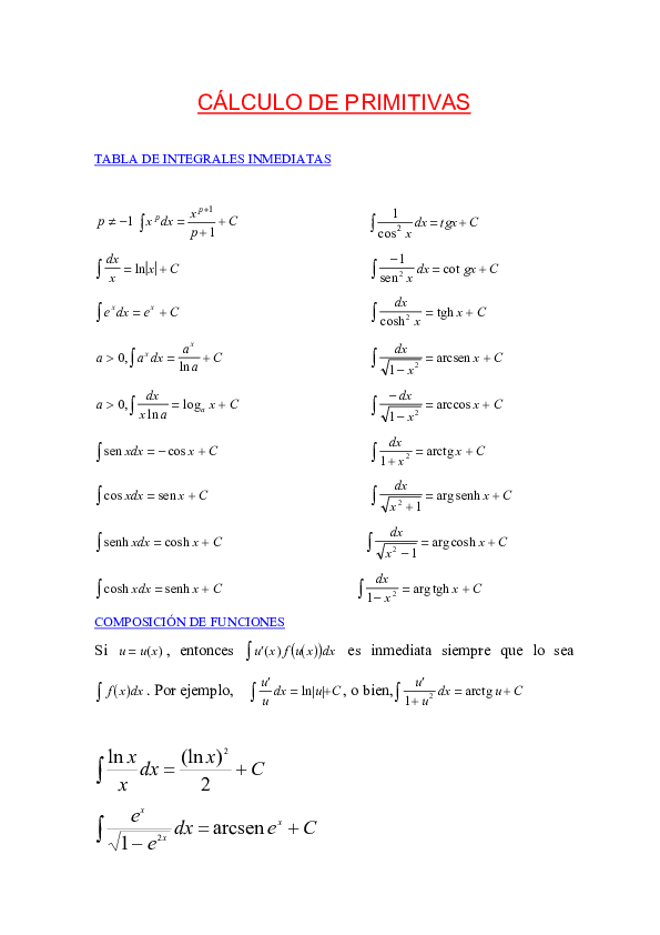 (PDF) CÁLCULO DE PRIMITIVAS TABLA DE INTEGRALES INMEDIATAS