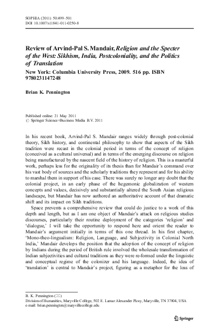 (PDF) Review of Arvind-Pal S. Mandair, Religion and the Specter of the ...