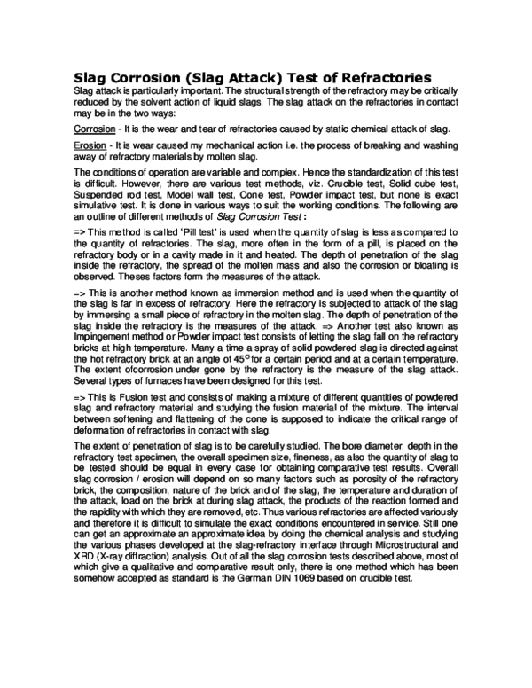 (DOC) Slag Corrosion (Slag Attack) Test of Refractories