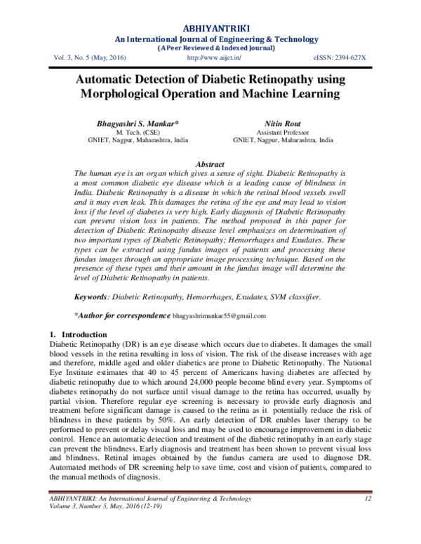 (PDF) Automatic Detection of Diabetic Retinopathy using Morphological Operation and Machine Learning