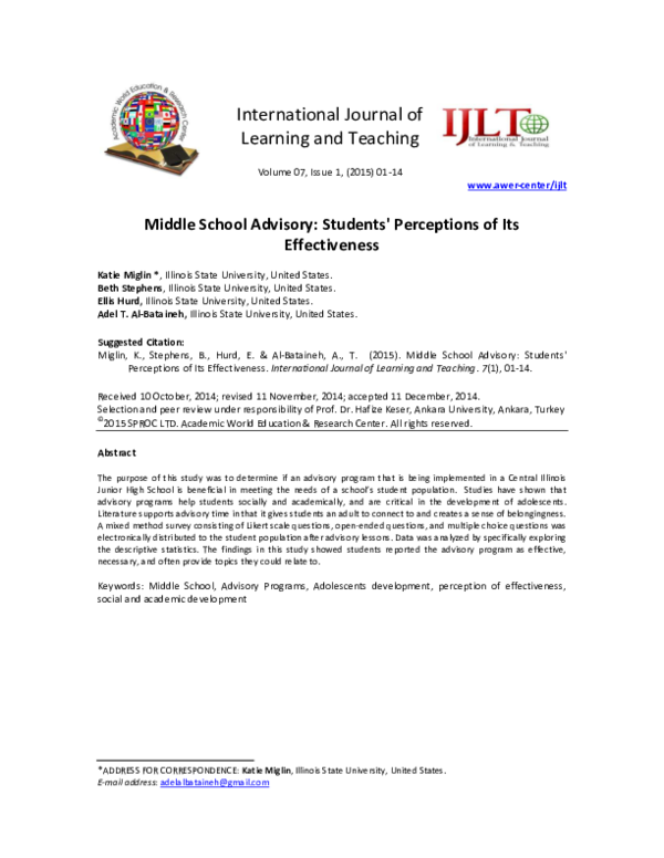 (PDF) Middle School Advisory: Students' Perceptions of Its Effectiveness