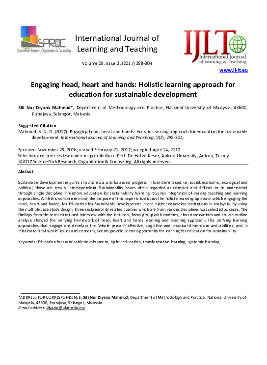 (PDF) Engaging head, heart and hands: Holistic learning approach for ...