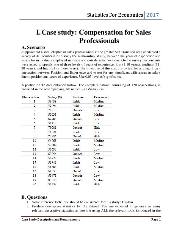 (PDF) Statistics For Economics 2017 I. Case study: Compensation for Sales Professionals