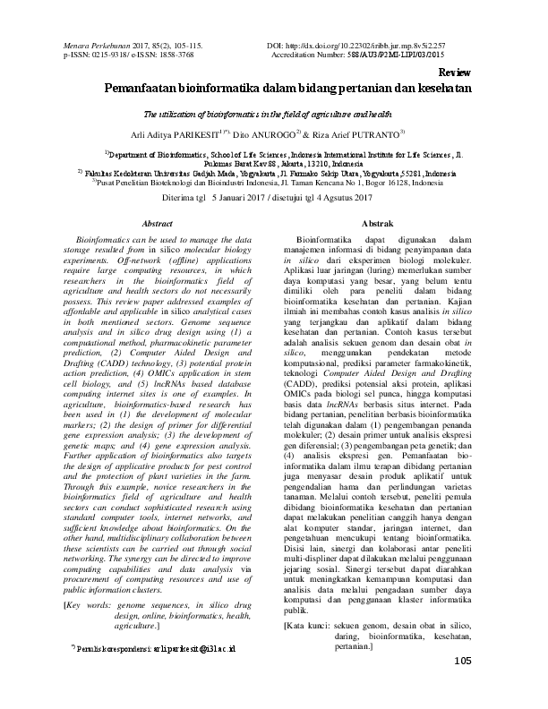 Pdf Pemanfaatan Bioinformatika Dalam Bidang Pertanian Dan Kesehatan