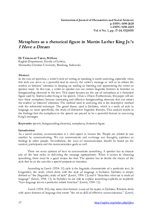 (PDF) Metaphors as a rhetorical figure in Martin Luther King Jr.'s I ...