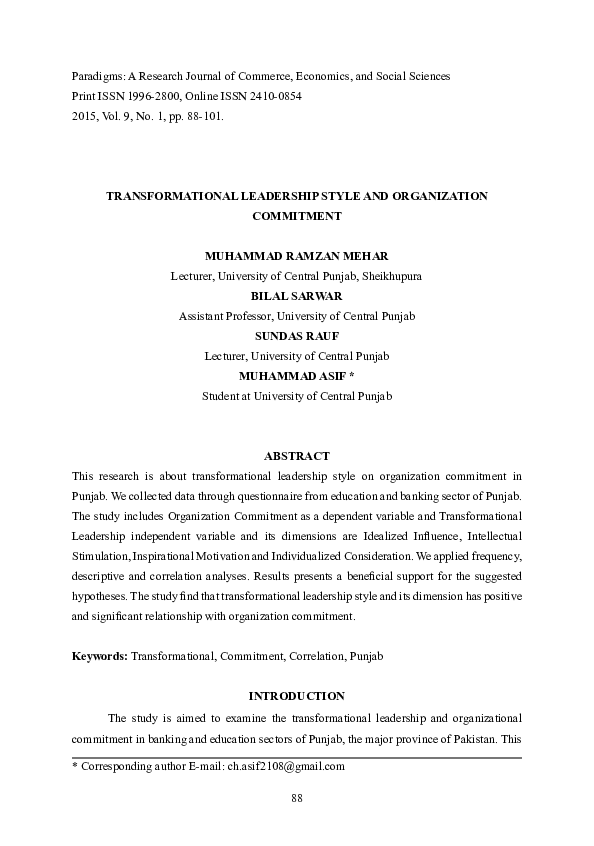 (PDF) Transformational Leadership Style and Organization Commitment