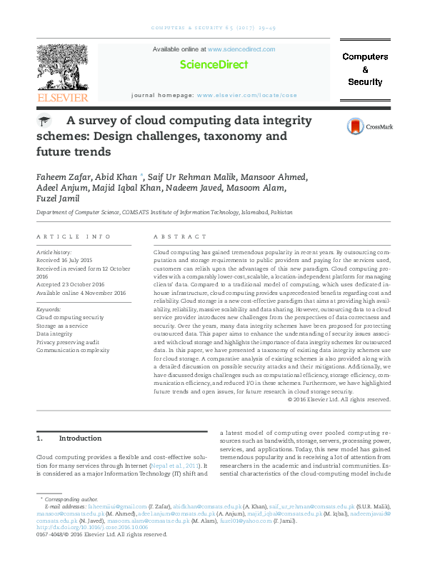 Pdf A Survey Of Cloud Computing Data Integrity Schemes Design