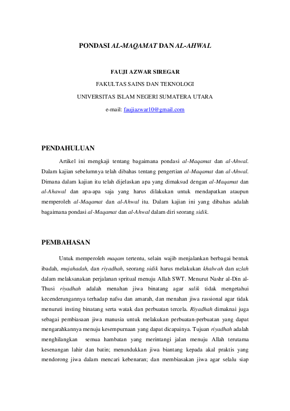 (PDF) PONDASI AL-MAQAMAT DAN AL-AHWAL | Fauji Azwar - Academia.edu