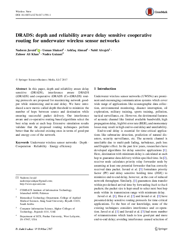 Pdf Drads Depth And Reliability Aware Delay Sensitive Cooperative Routing For Underwater
