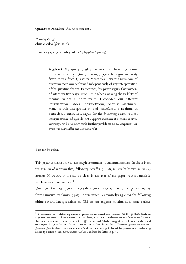 (PDF) Quantum Monism. An Assessment