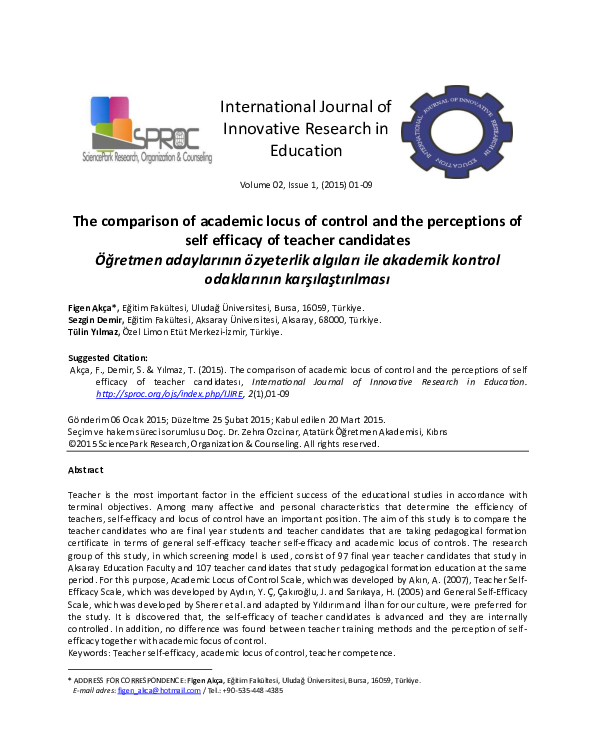 Pdf The Comparison Of Academic Locus Of Control And The Perceptions Of Self Efficacy Of