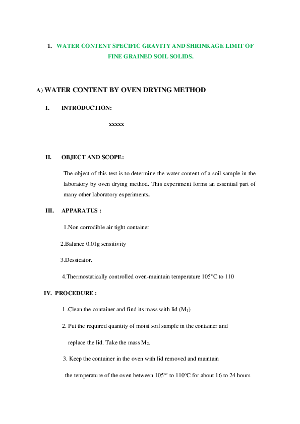 (DOC) WATER CONTENT SPECIFIC GRAVITY AND SHRINKAGE LIMIT OF FINE GRAINED SOIL SOLIDS. A) WATER ...