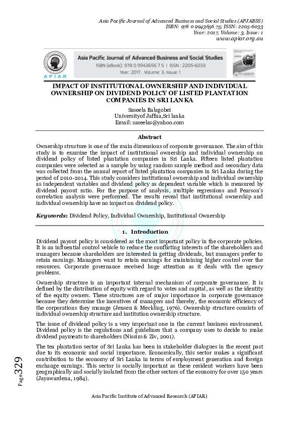(PDF) IMPACT OF INSTITUTIONAL OWNERSHIP AND INDIVIDUAL OWNERSHIP ON DIVIDEND POLICY OF LISTED ...