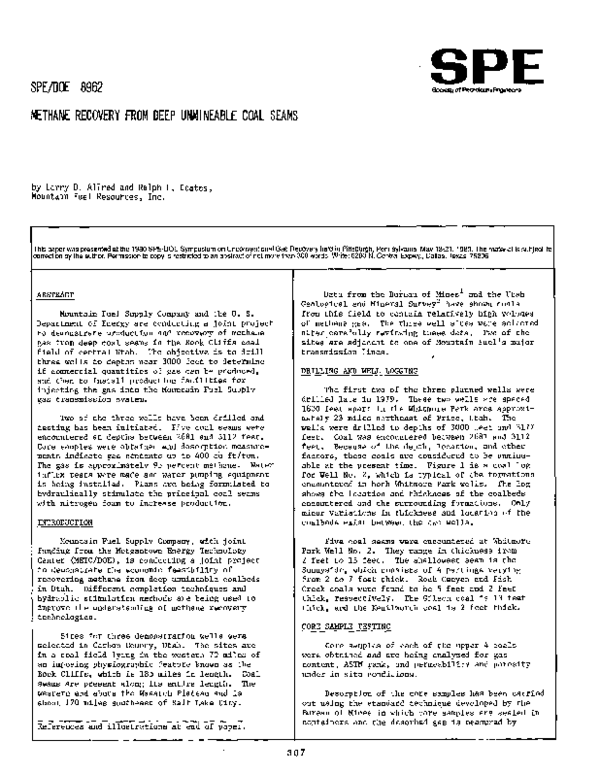 (PDF) SPE METHANE RECOVERY FROM DEEP UNMINEABlE COAL SEAMS